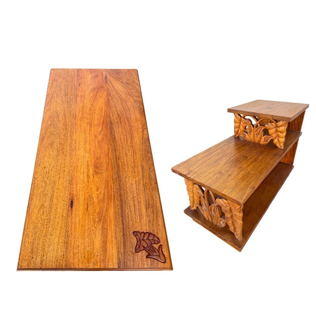 1950s Restored Mid Century Hand Carved Palm Leaf Koa Wood Coffee & Side ...