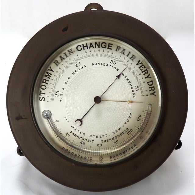 Fine Antique Brass Ships Barometer & Thermometer by Negus of New York ...