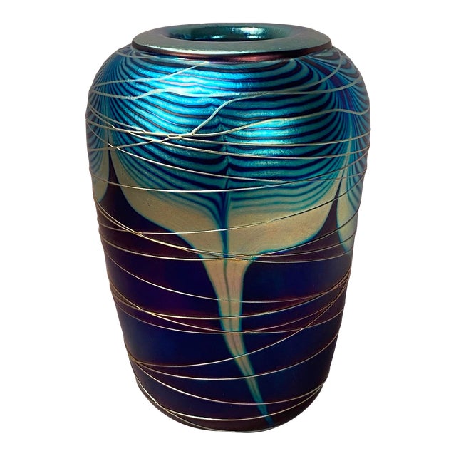 1970s Steven Correira Artist Proof Pulled Feather Blue Art Glass Vase ...