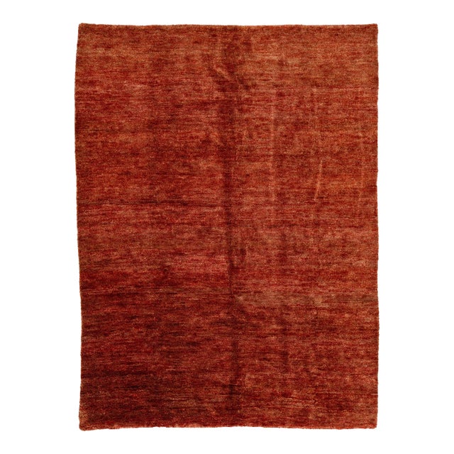 Hand-Loom Modern Gabbeh Style Wool Rug With Solid Rust Color | Chairish