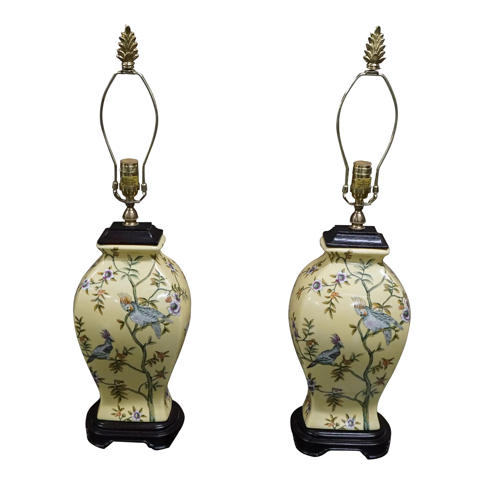 Pair of 1980s Bradburn Hand Painted Yellow Ceramic Table Lamps With ...