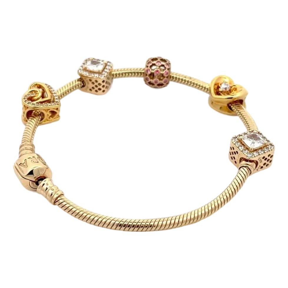 Pandora 14k Gold 5 Slide Charms Snake Chain Bracelet | Chairish