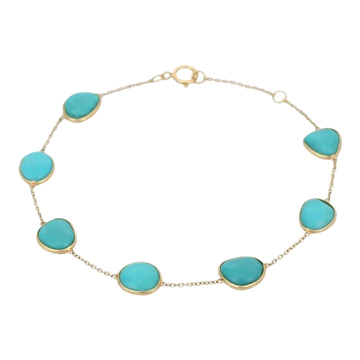 Turquoise Gemstone Delicate Chain Bracelet in 18k Yellow Gold | Chairish