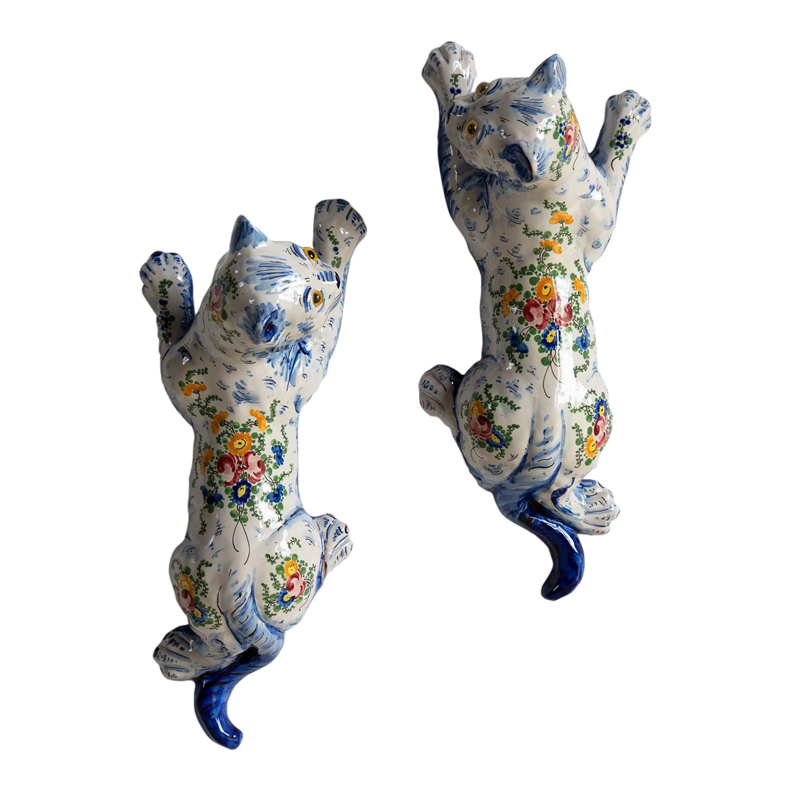 Pair of Antique French Faience Cat Wall Pockets, Early 20th Century ...