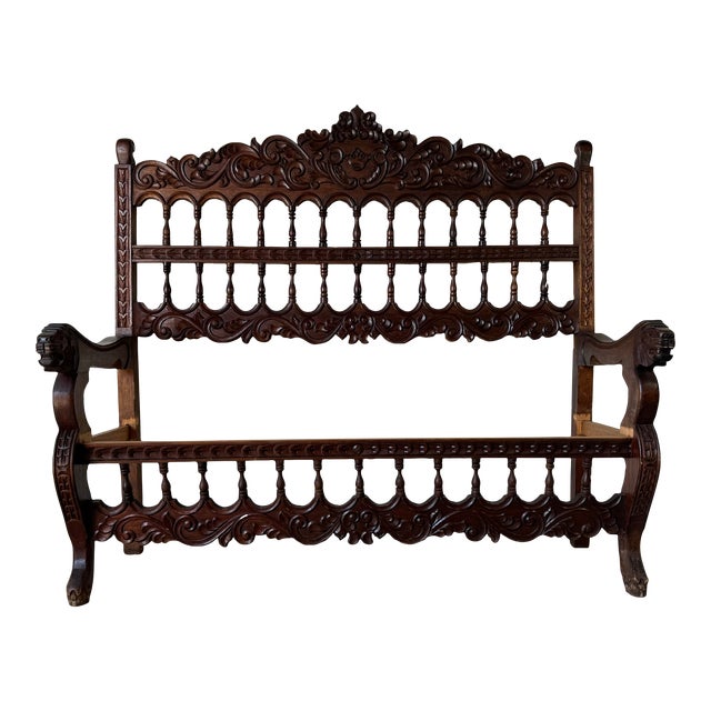 Vintage Spanish Colonial - Style Carved Mahogany Wood Hall Bench | Chairish