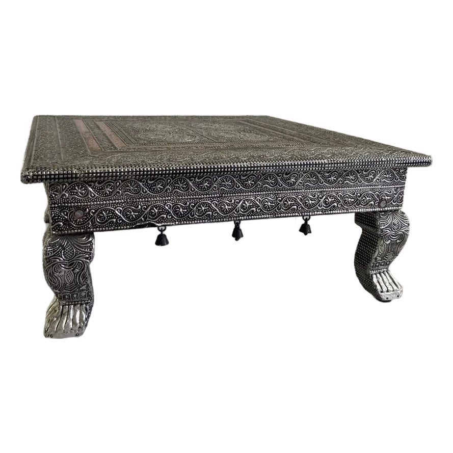 1970s Vintage Indian Pooja Table – Embossed Metal Altar Stand With ...