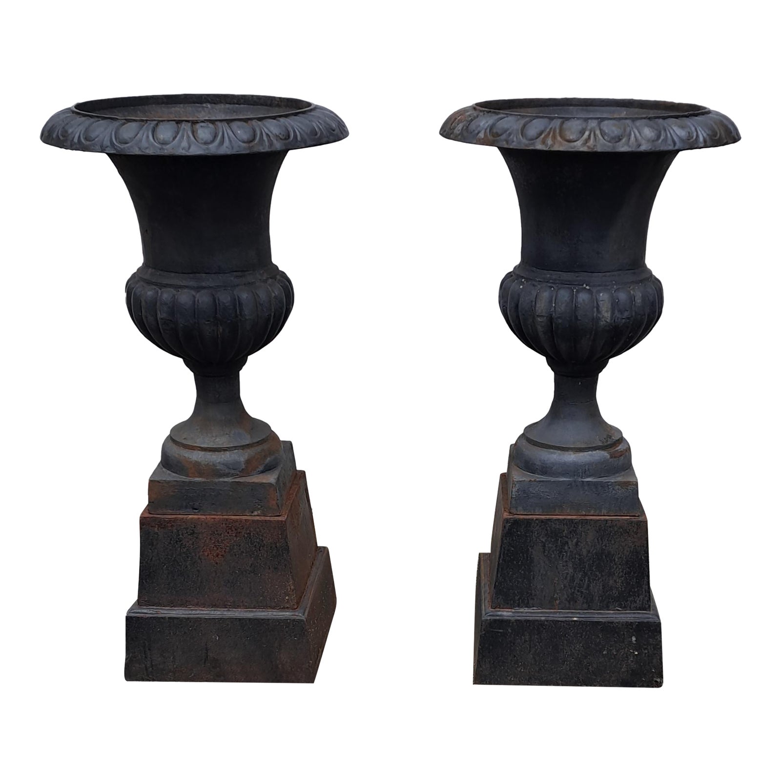 Vintage French Style 2 Piece Cast Iron Urns a Pair | Chairish
