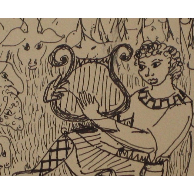 Mid Century Ink Drawing of Figure Strumming a Lyre to a Heard of Sheep ...