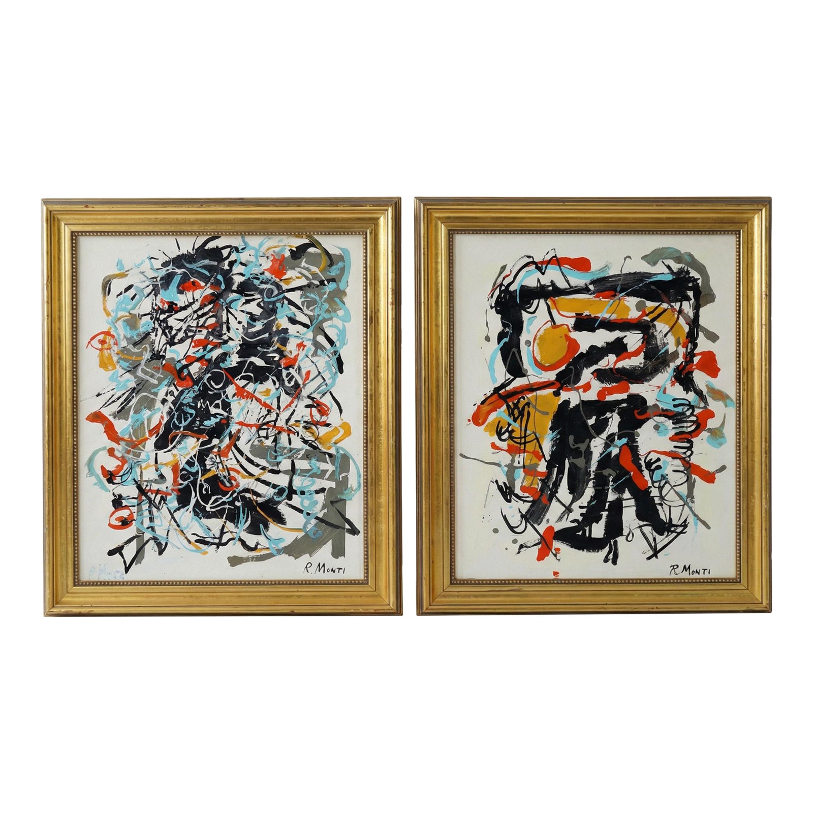 Pair of Mid-Century Abstract Oil Paintings by Rocco Monticolo (R. Monti ...