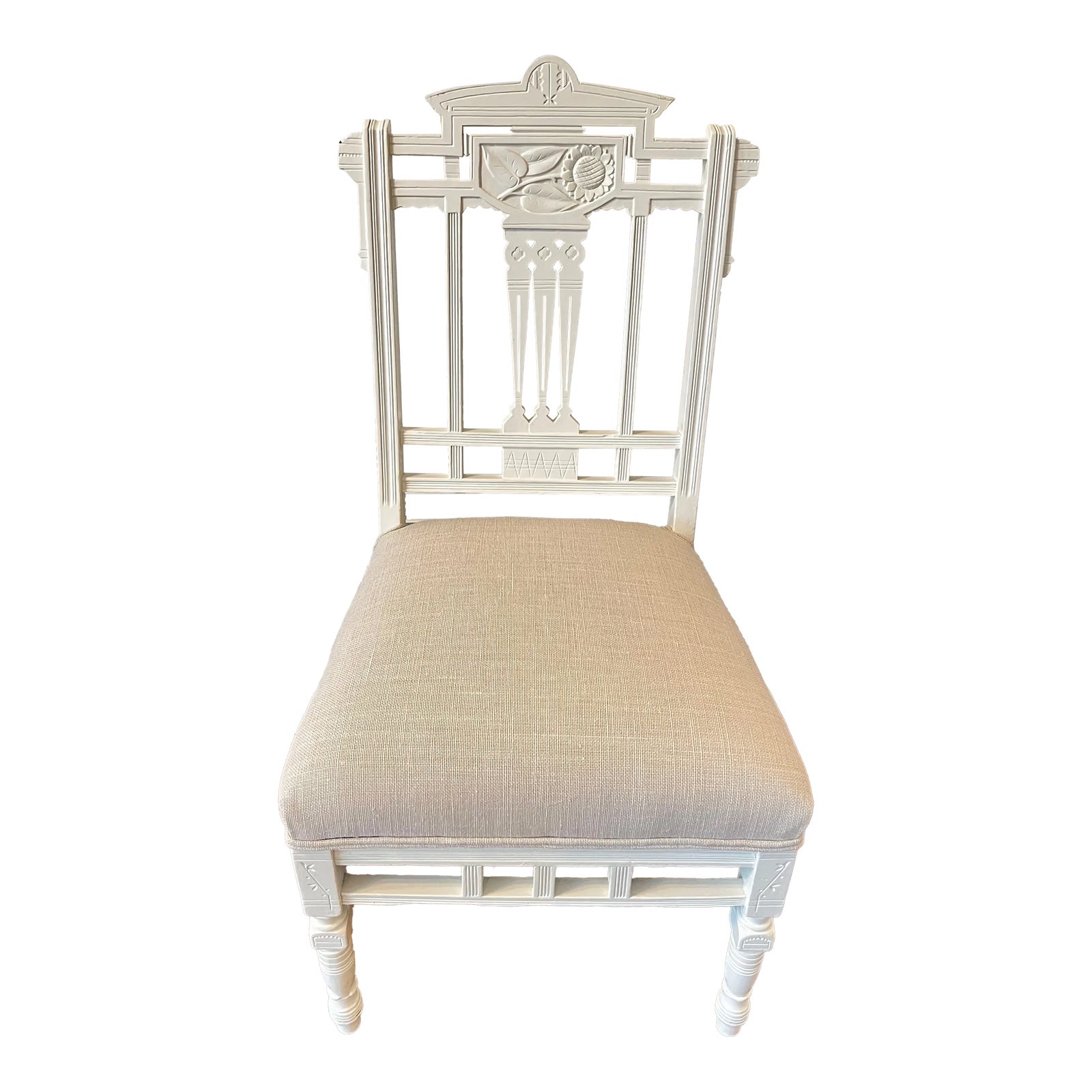 Carved Wood Painted Chair With New Pindler Fabienne in Ecru Fabric ...