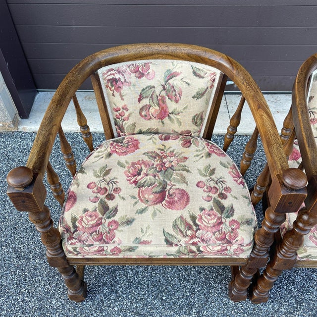 Vintage American Made Jacobean Style Solid Oak Club Chairs or Barrel ...
