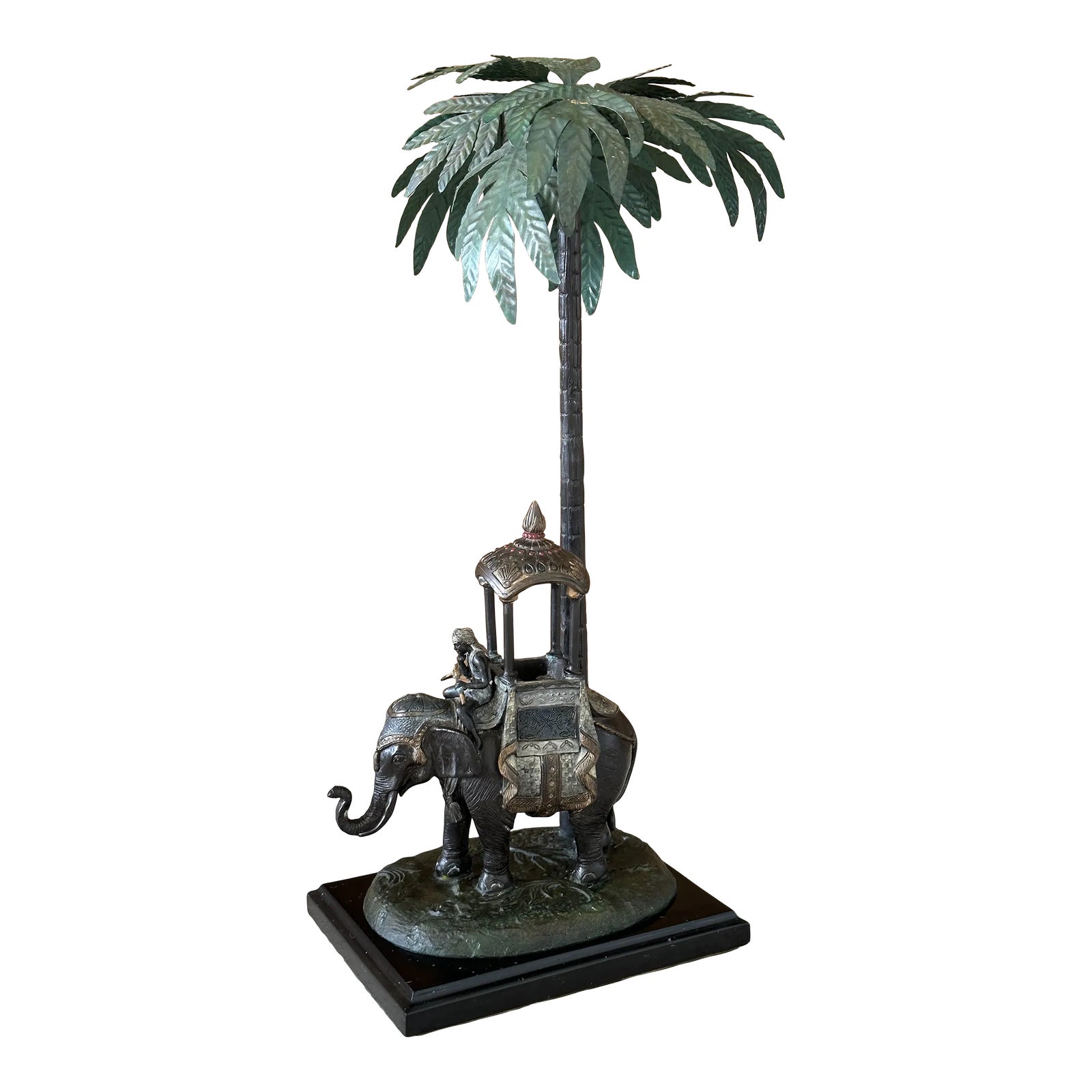 Sculptural Cold Painted Metal Bronze Elephant Tole Palm Tree Figure ...