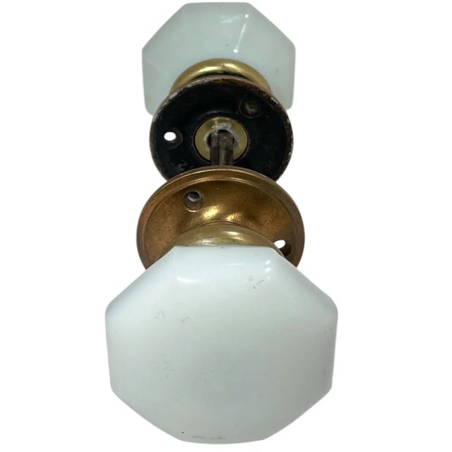 Early 1900s Milk Glass Door Knobs With Brass Rosettes. A Pair | Chairish