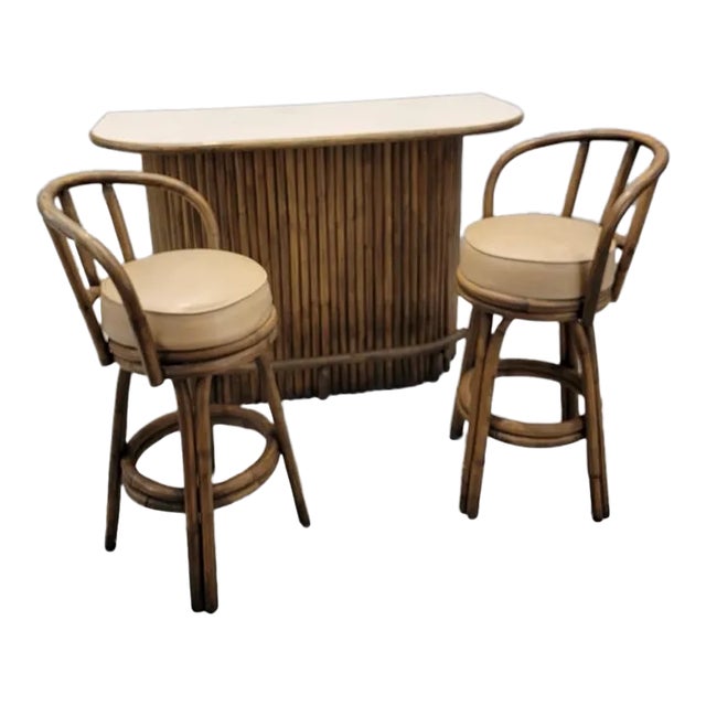 Mid 20th Century Paul Frankl Style Half-Moon Bamboo Tiki Dry-Bar With 2 ...