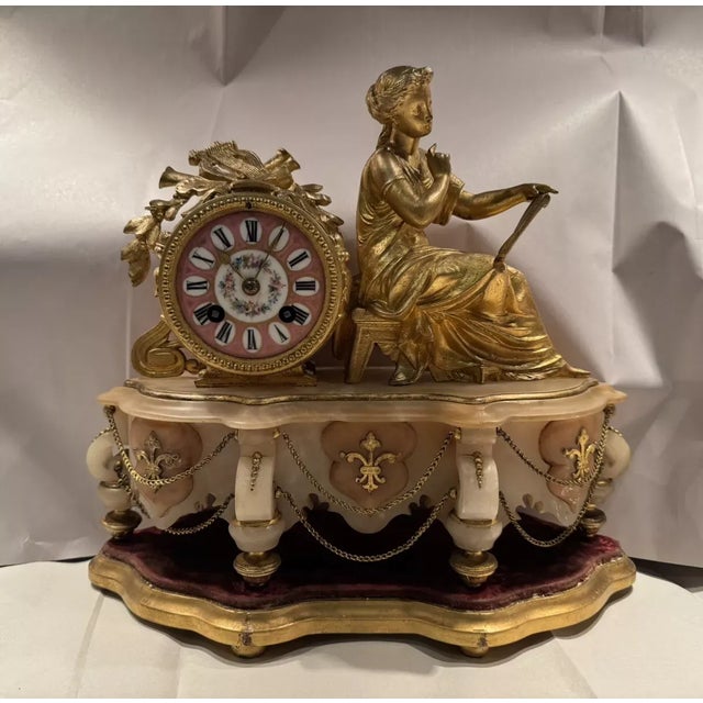 19th Century French Alabaster Stone Figural Mantel Clock on Stand ...