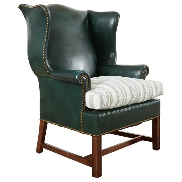 Georgian Style Mahogany Hunter Green Leather Wingback Chair | Chairish