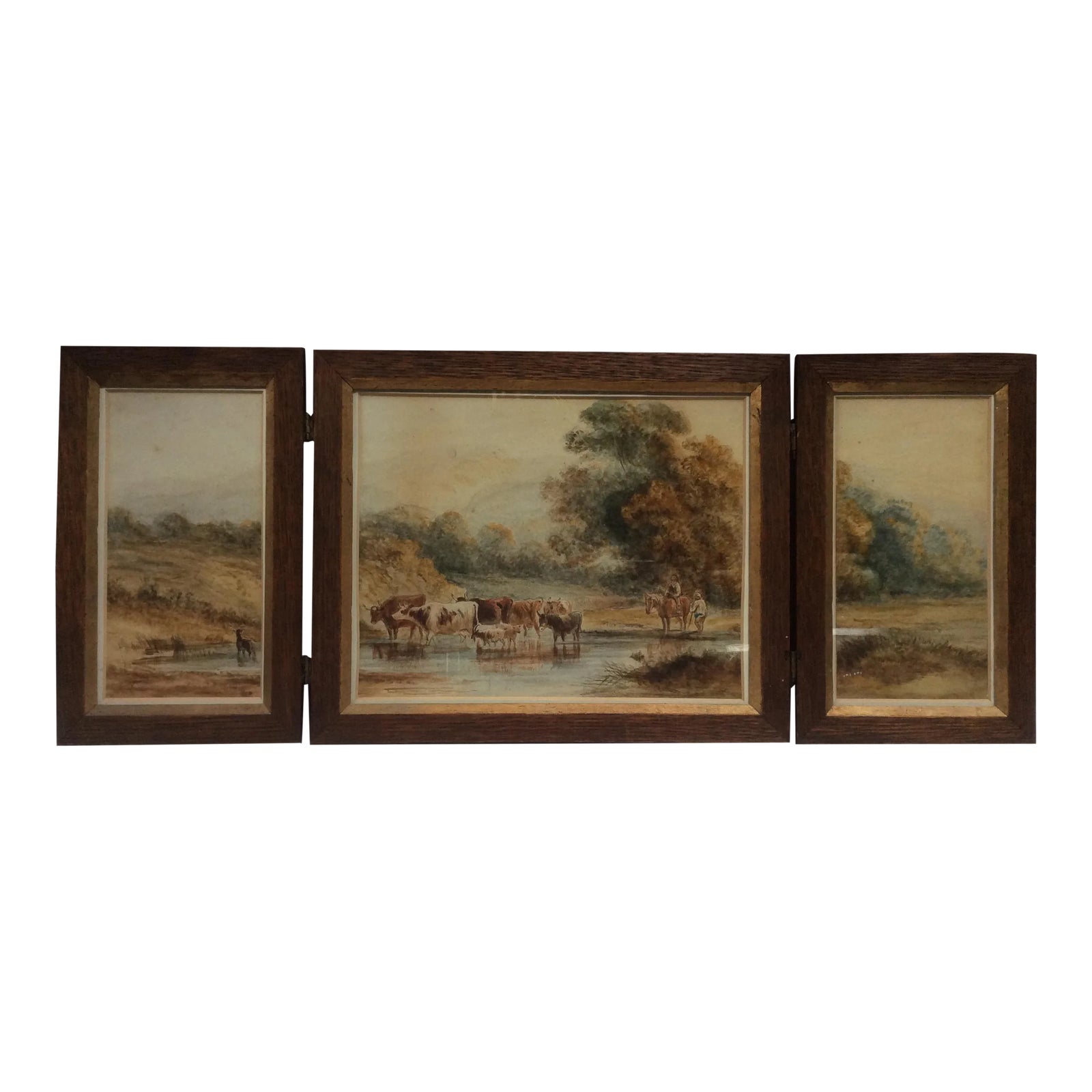 Triptych Antique Landscape Watercolor With Cows | Chairish