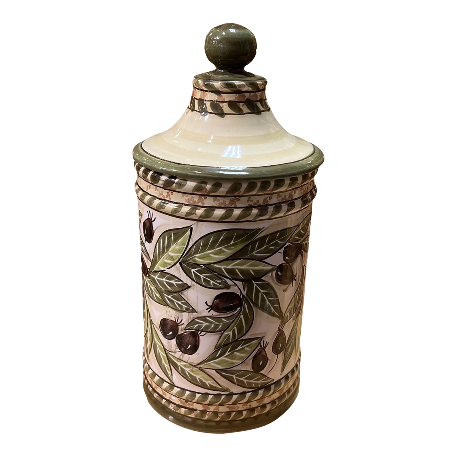 Italian Hand Painted Ceramic Canister With Lid in Ivory and Olive-Green ...