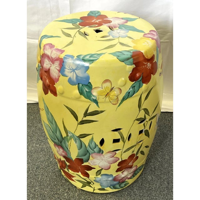 Vintage Chinoiserie Ceramic Garden Stool With Tropical Flowers and Butterflies Chairish