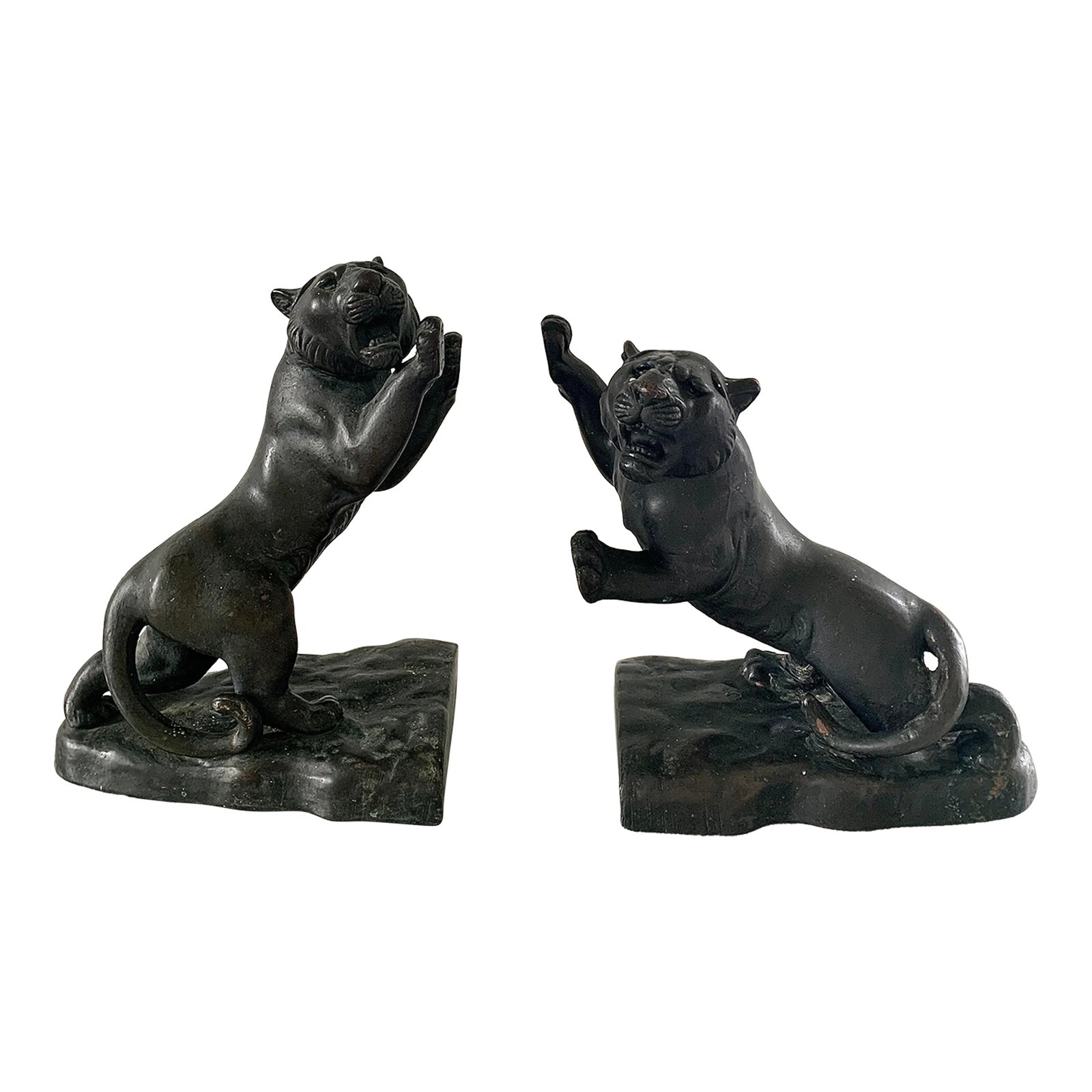 Antique Bronze Roaring Tiger Bookends, Pair | Chairish