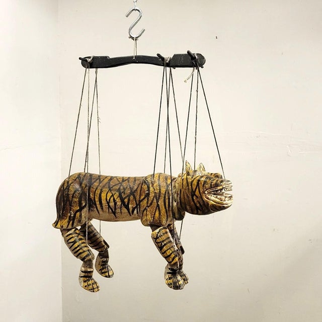 Antique Burmese Asian Wood Tiger Marionette Puppet | Chairish