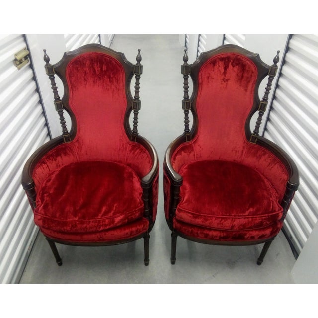 Pair of Red Velvet Upholstered Barrel High Back Regency Chairs Read on ...