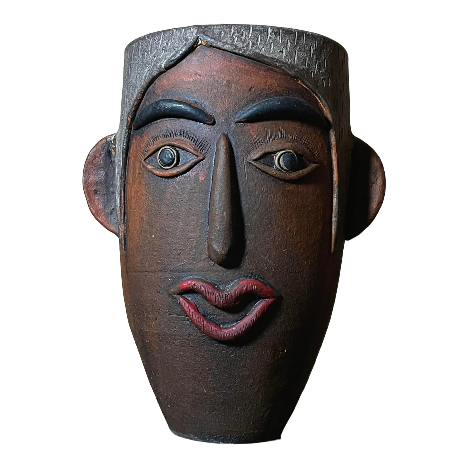 Vintage Folk Art Hand Built Face Pot (Ca. 1960) | Chairish