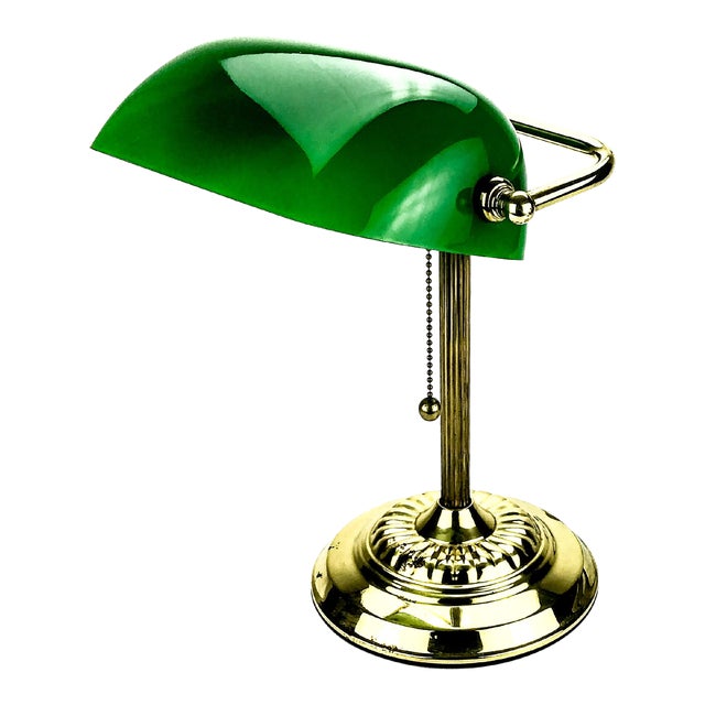 Vintage Green Glass and Brass Bankers Lamp | Chairish