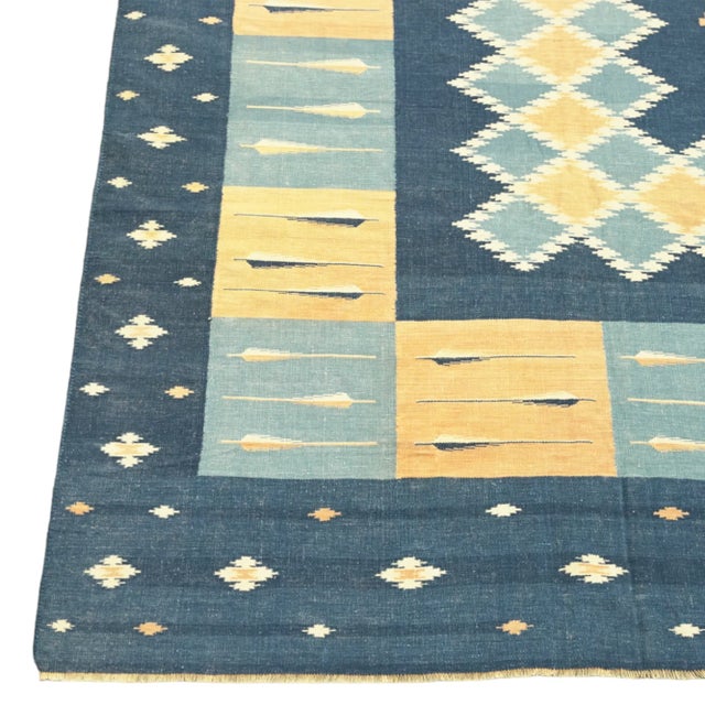 Vintage Dhurrie Rug in Blue, With Geometric Patterns, From Rug & Kilim ...