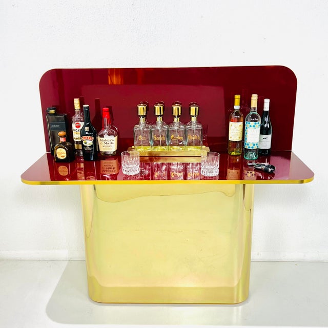 1980s Brass & Garnet Lacquer Flip Top Console Table | Chairish