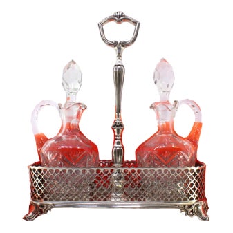 Cruet Set with Silver Structure and Cut Glass Cruets, Set of 3 | Chairish