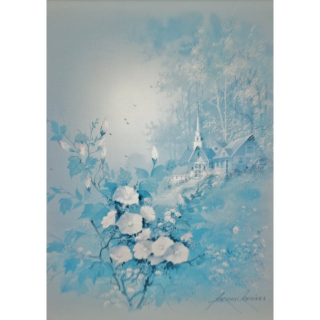 Vintage Framed Andres Orpinas Blue Monochromatic Landscape Print | Chairish
