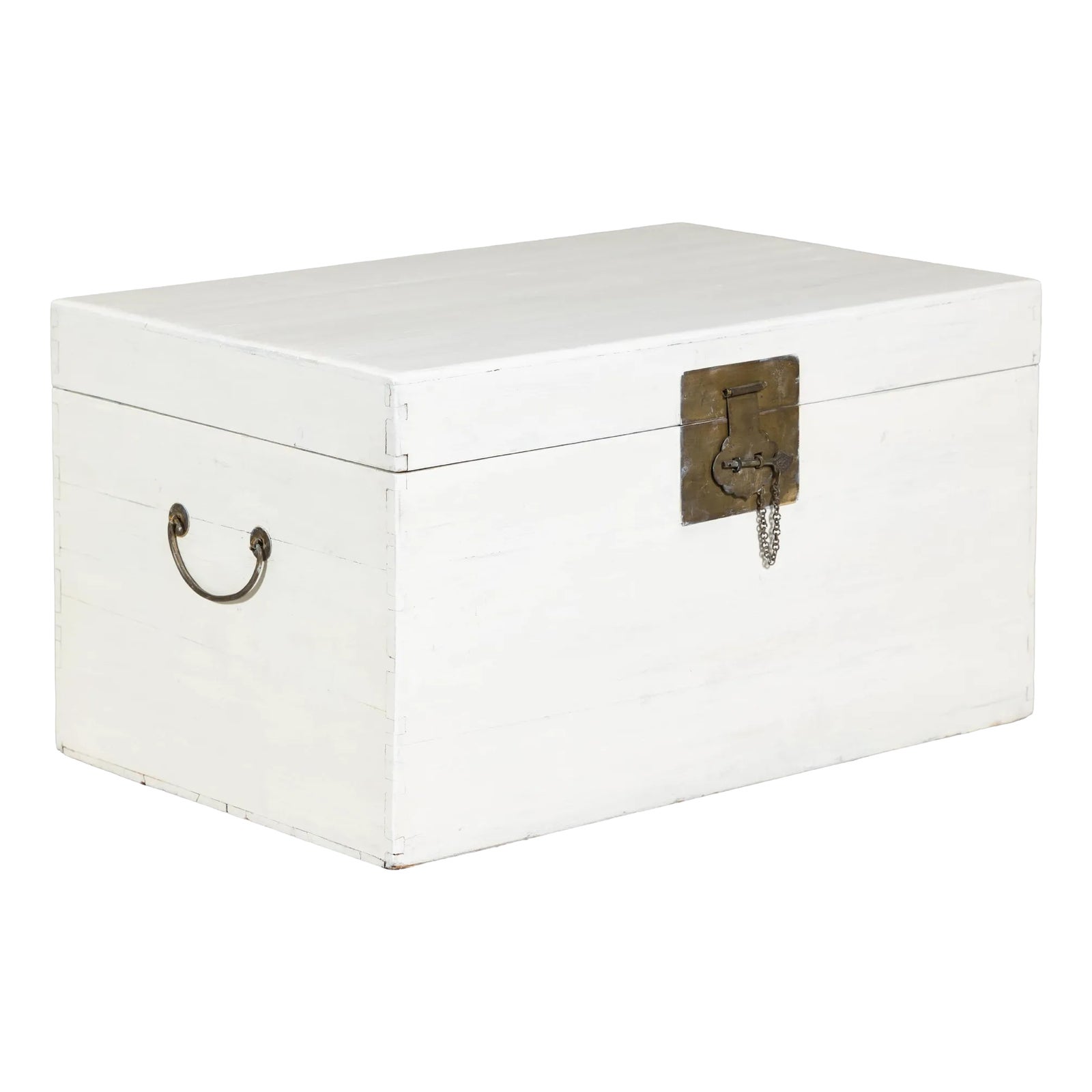 White Lacquered Trunk with Brass Hardware, Vintage Storage Chest | Chairish