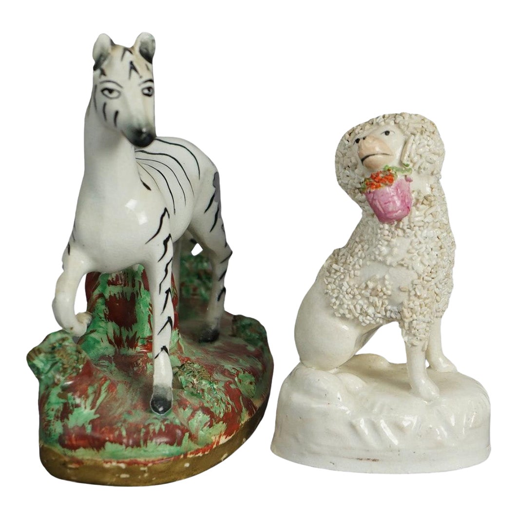 Antique Staffordshire Polychromed Porcelain Zebra & Poodle Dog Figures ...