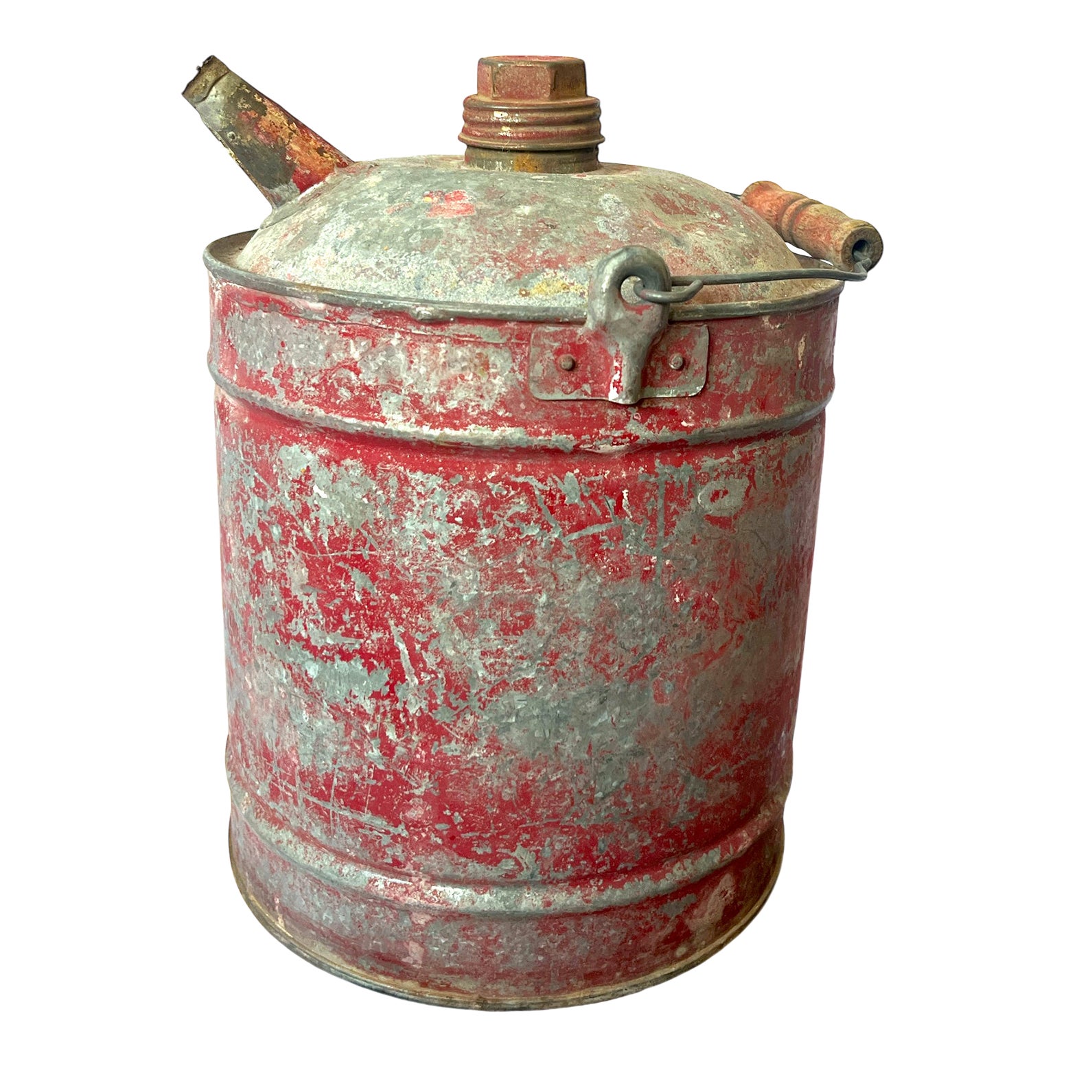 Vintage 1950s Rustic Red Metal Gas Can With Wooden Handle | Chairish