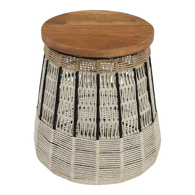 Farmhouse Style Woven Rope and Wood Round End Table | Chairish