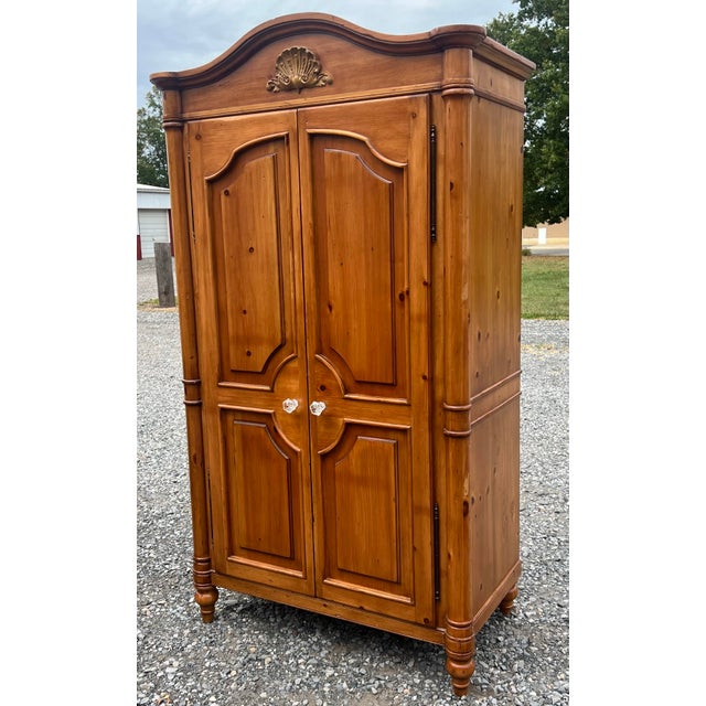 Pine Rustic Farmhouse Carved Shell Detail Armoire | Chairish