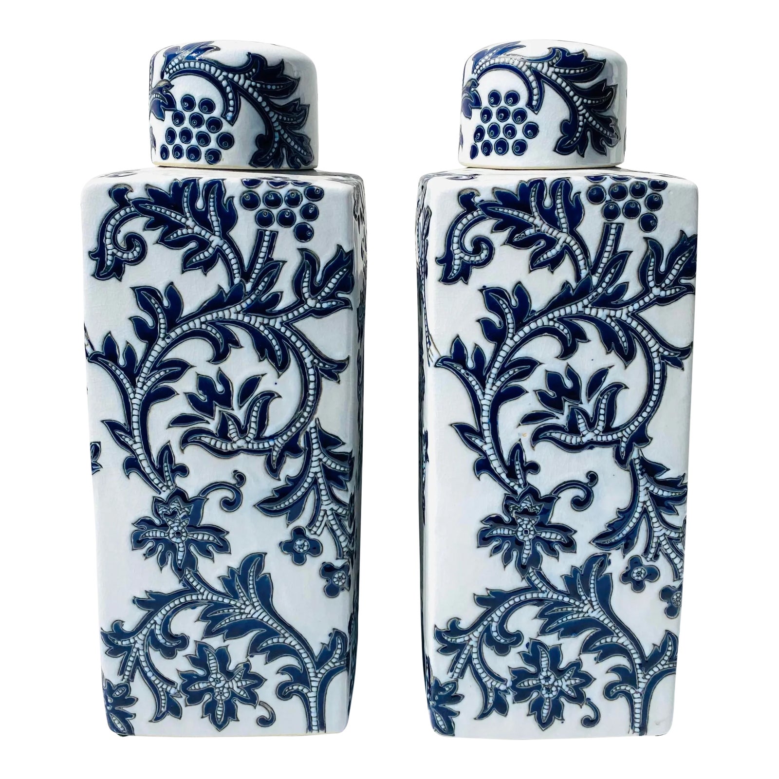 Pair of Late 20th Century Tall Floral & Grape Pattern Asian Blue and ...