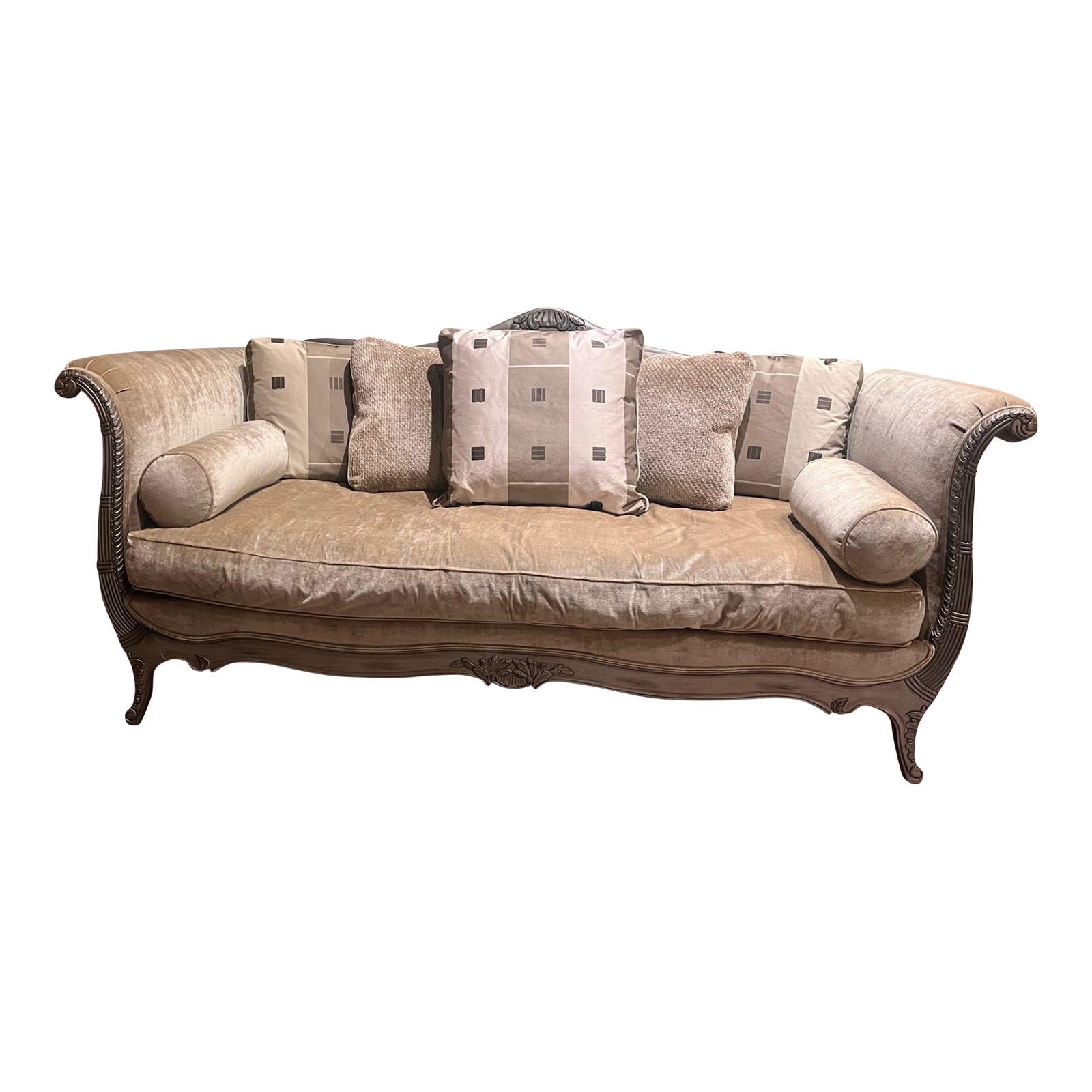 Drexel Heritage Carved Wood Body Sofa With Pillows | Chairish