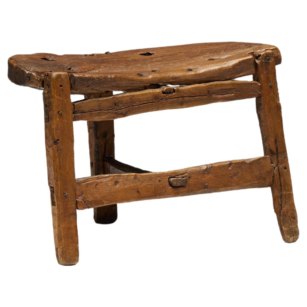 French Organic Tripod Bench in Wood, 1800s | Chairish