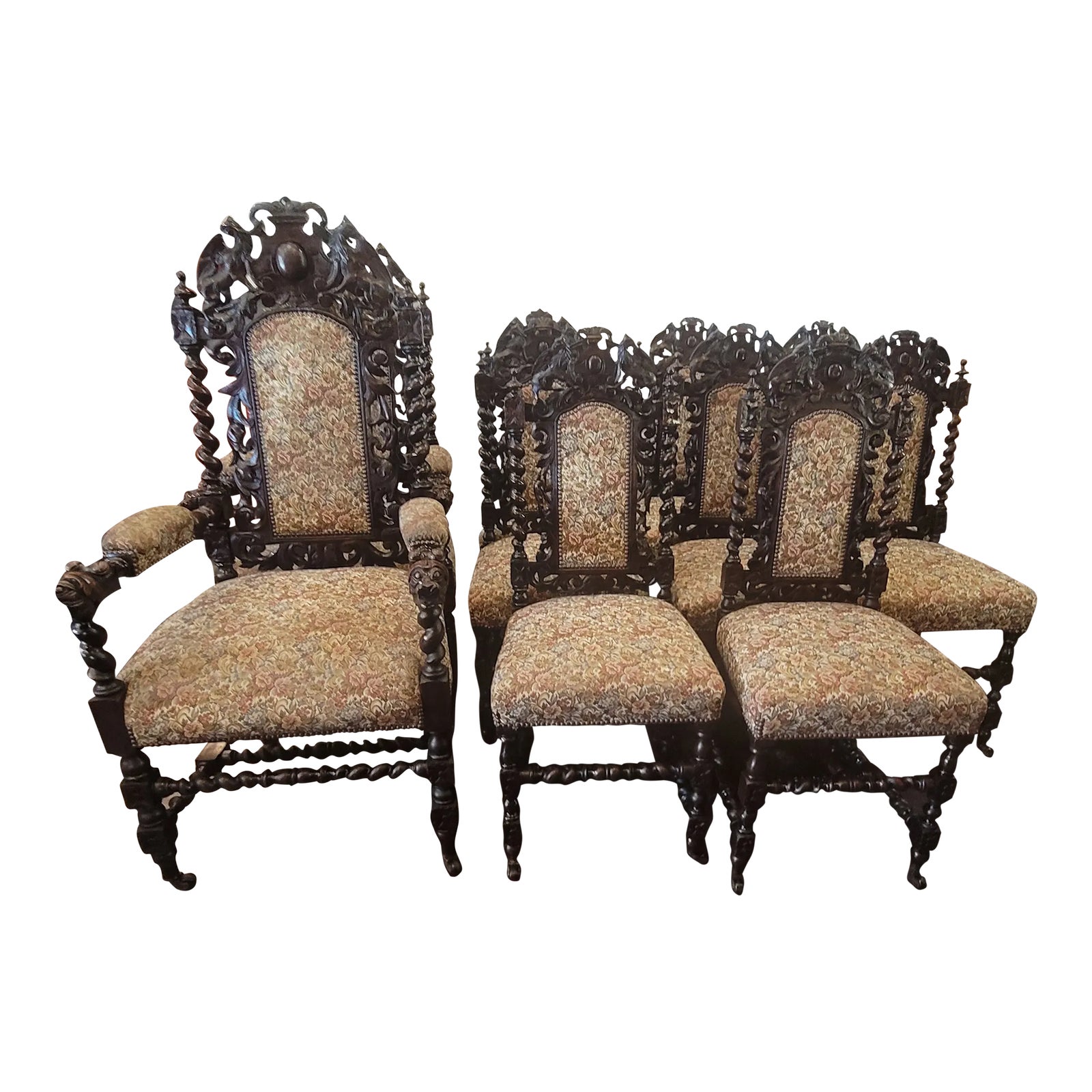 1880s Antique Jacobean Revival, French Renaissance Set 10 Chairs 8 Plus ...