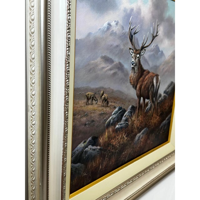British Oil Painting Scottish Highlands Stag With Fawn Deers Monarch in ...