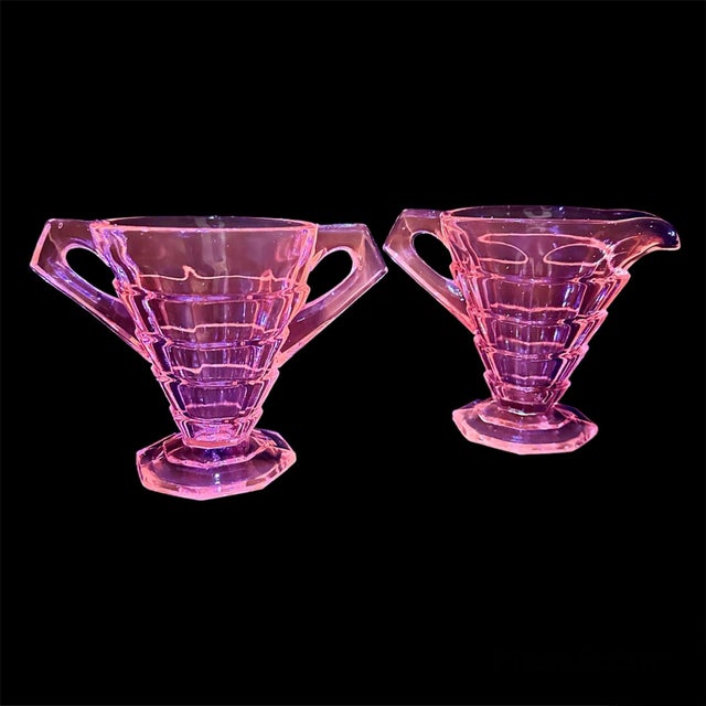 Vintage Pink Selenium Uv Reactive Glow Glass Art Deco Sugar & Creamer ...