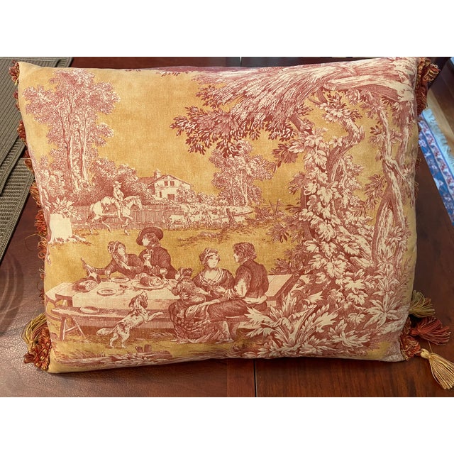 Pair of French Country Toile Pillows With Fringe Tassels | Chairish