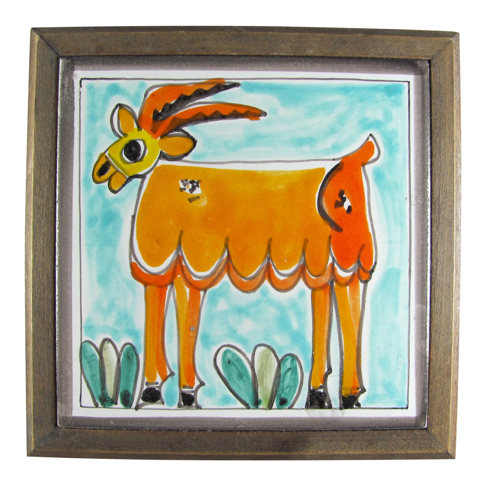 1960s DeSimone Hand Painted Goat Ceramic Tile Wood Frame | Chairish
