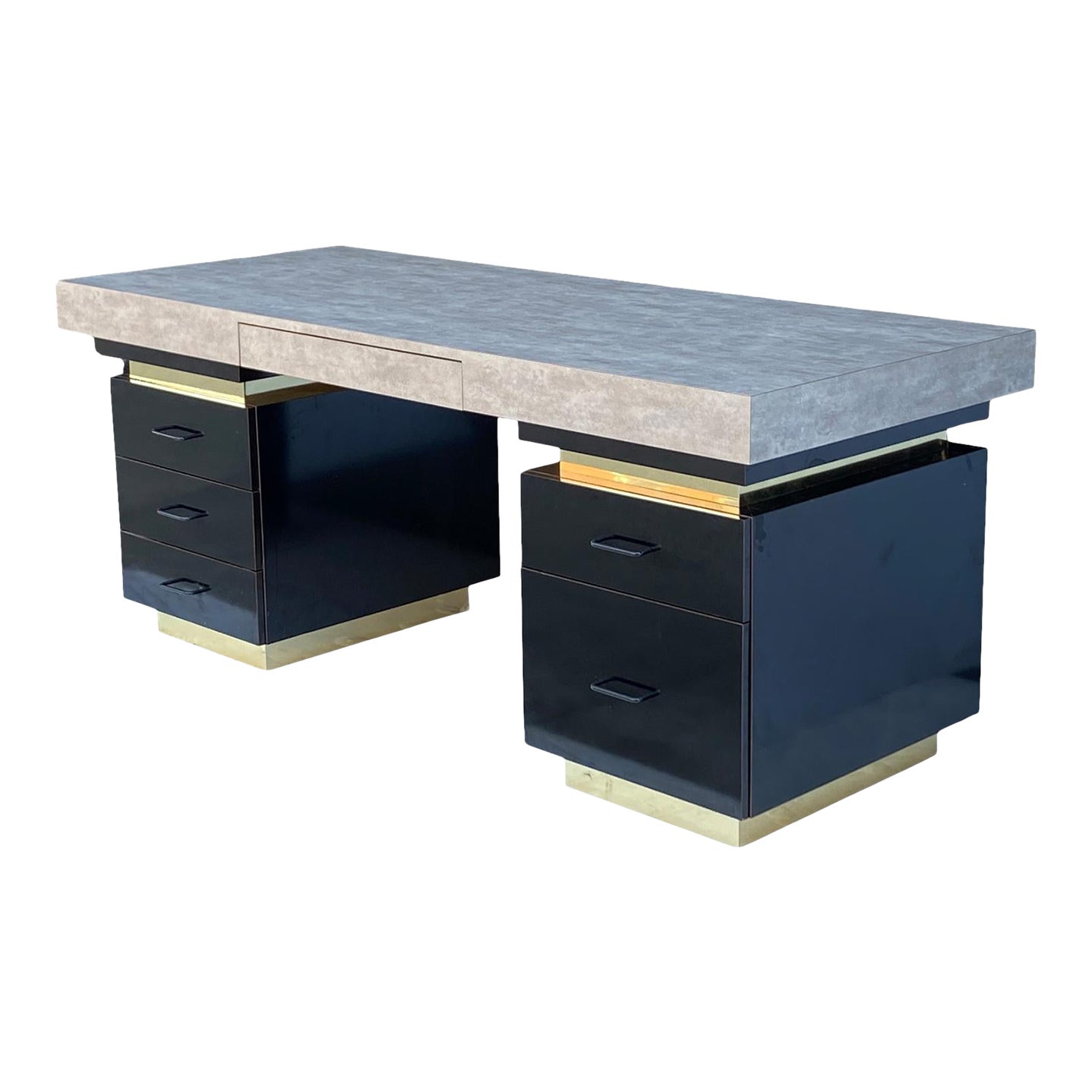 1980s Postmodern Formica Cement Top Black Formica & Brass Desk | Chairish