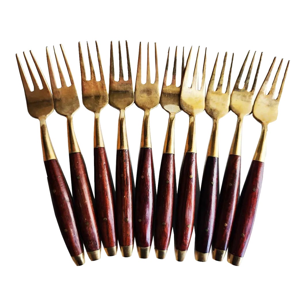 Vintage Thai Rosewood and Brass Cocktail/Pickle Forks. Set of 10 | Chairish