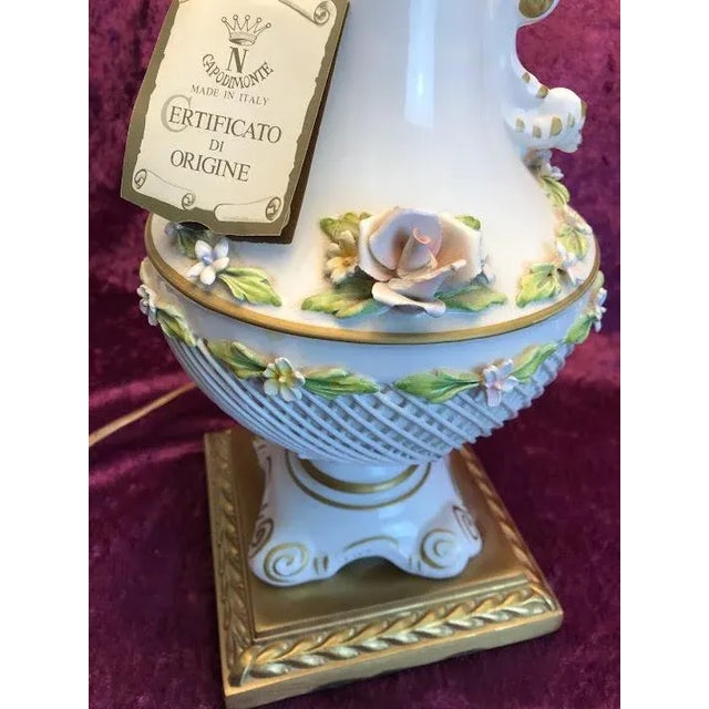 Vintage Pair of Capodimonte Lamps With White Ruffled Shades | Chairish