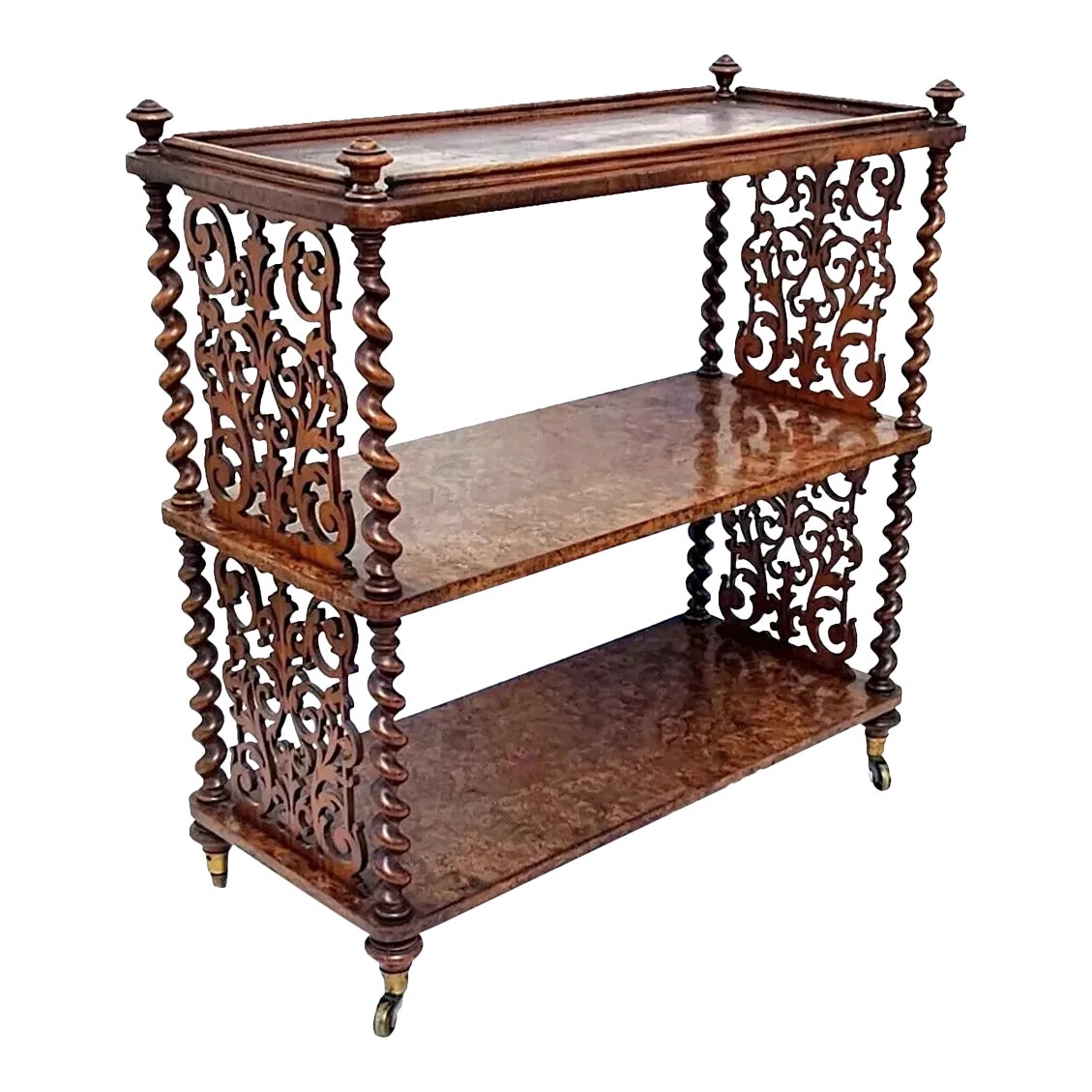 Victorian 1840s Burl Walnut Three-Tier Display Shelf Stand With Tooled ...
