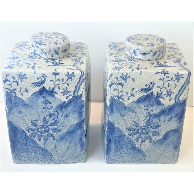 1980's Large Blue & White Tobacco Leaf Tea Jars - a Pair | Chairish